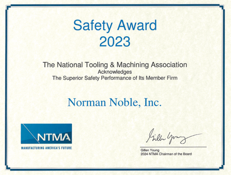 Norman Noble Wins NTMA Superior Safety Award - Norman Noble, Inc.